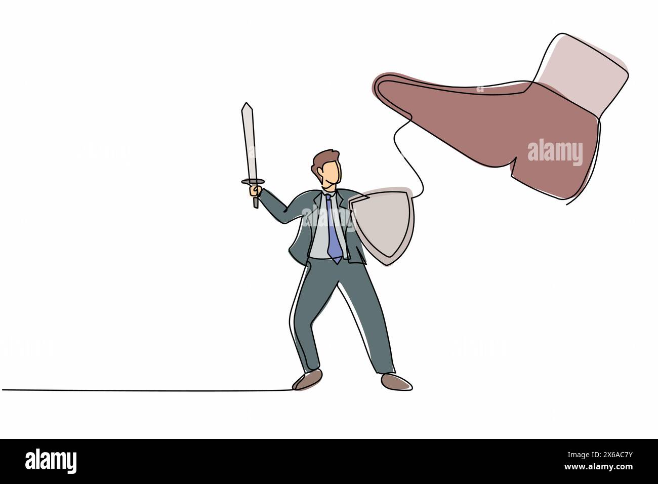 Single continuous line drawing active businessman fight to giant foot ...