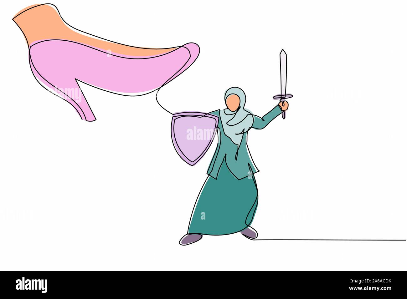 Single one line drawing Arabian businesswoman fight to giant foot with ...