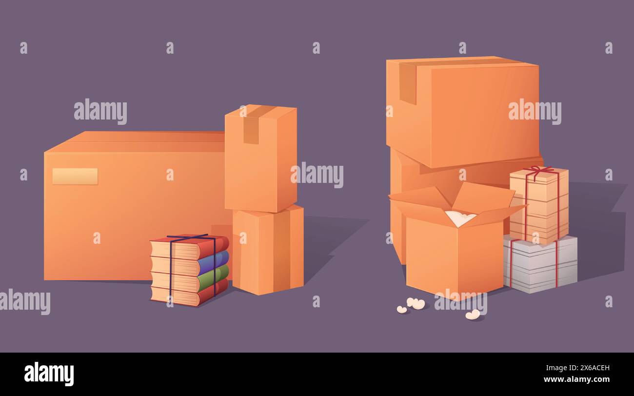 Cardboard box with stuff for house or office move concept. Cartoon ...