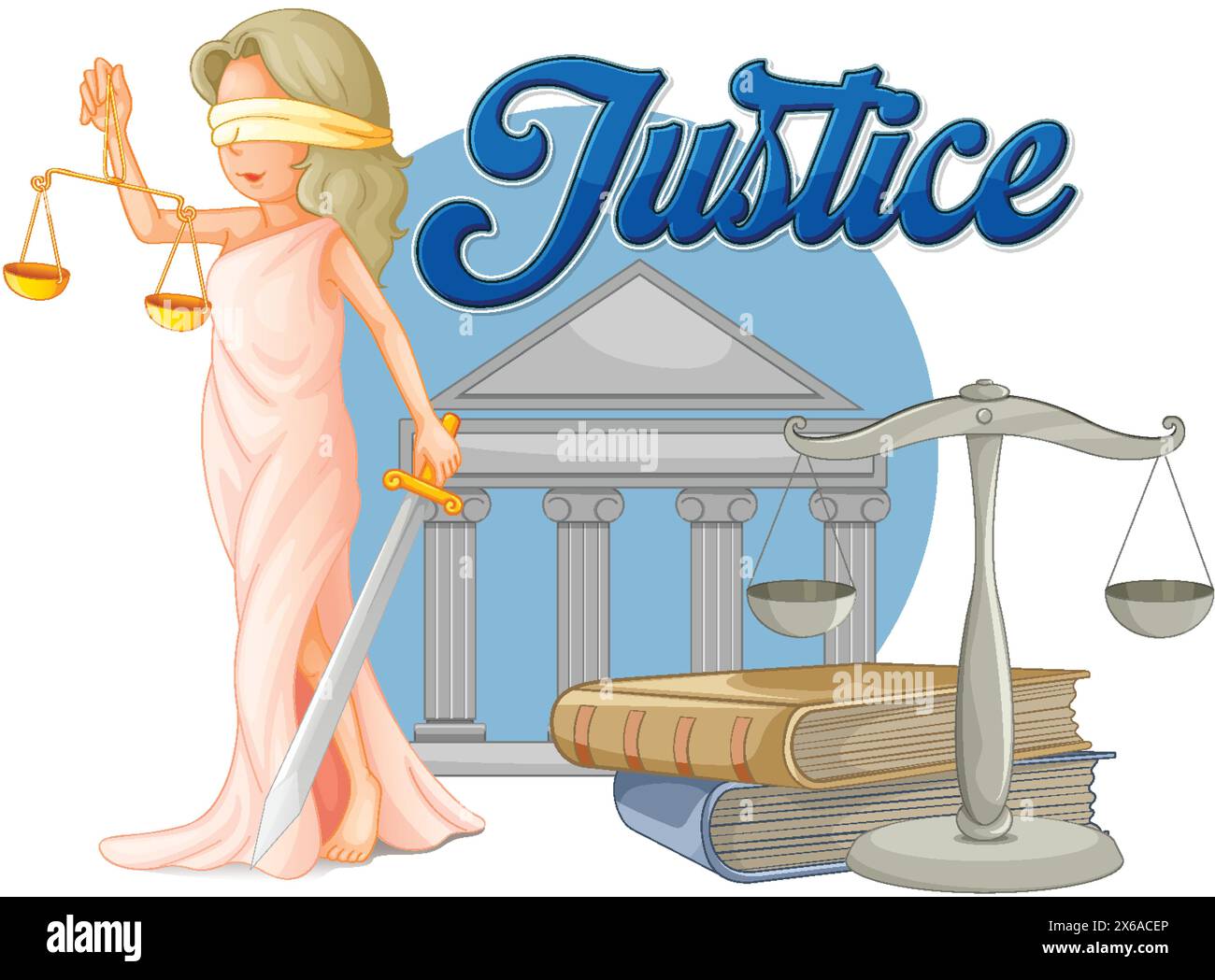 Illustration of Lady Justice, scales, and legal books Stock Vector ...