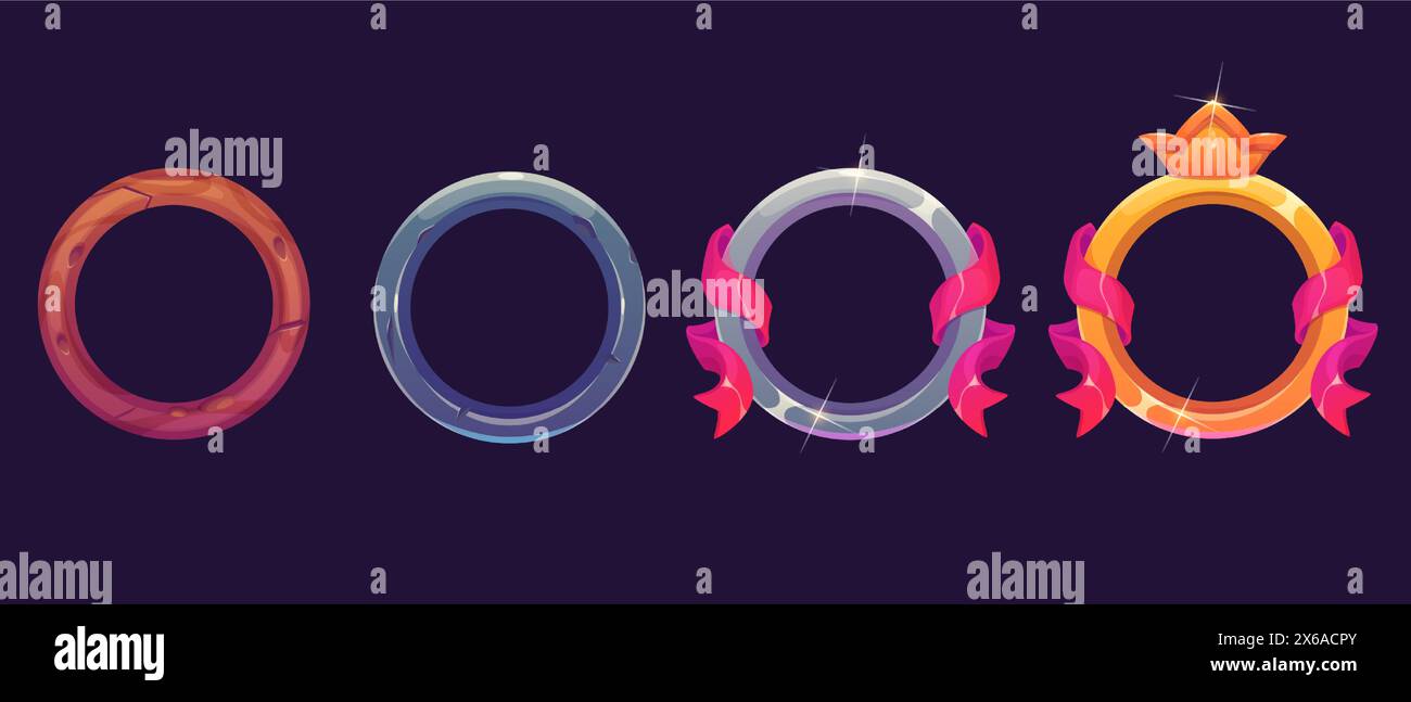 Rank avatar frame, fantasy game ui button icon. Gold and metal round ...