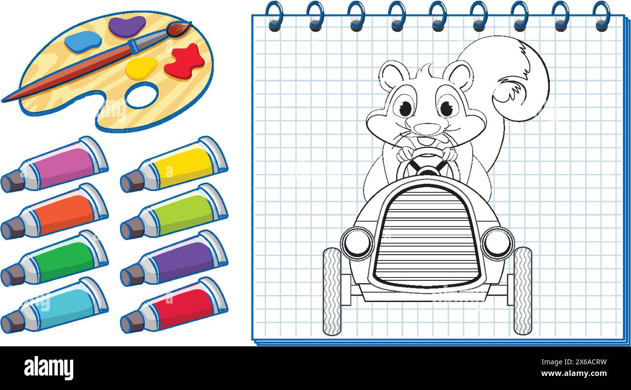Squirrel in car on sketchpad with crayons and paint Stock Vector Image ...