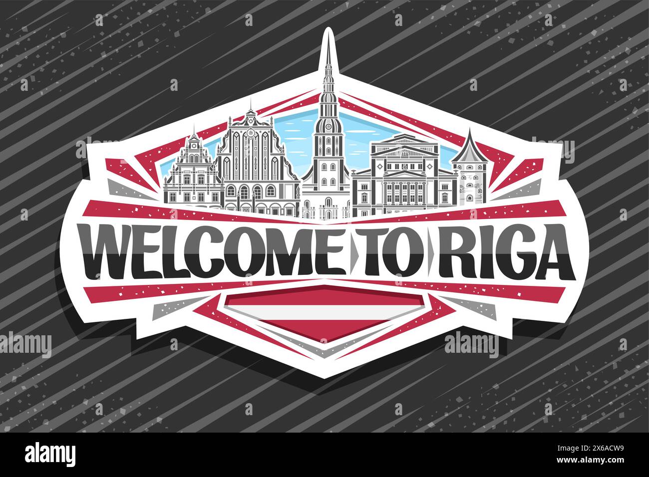 Vector logo for Riga, white decorative label with outline illustration of famous detailed riga ...