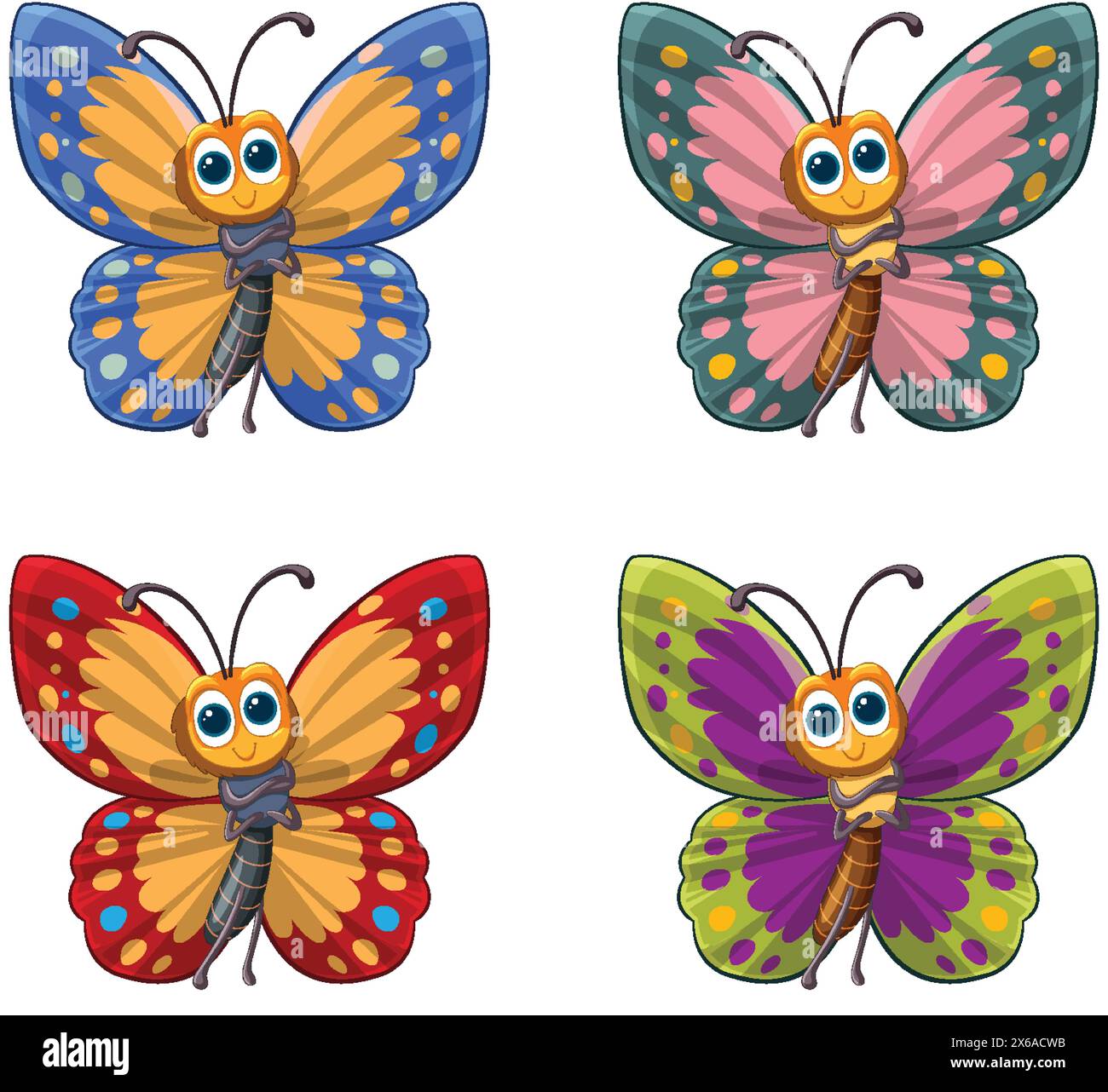 Four vibrant, illustrated butterflies with smiling faces Stock Vector ...