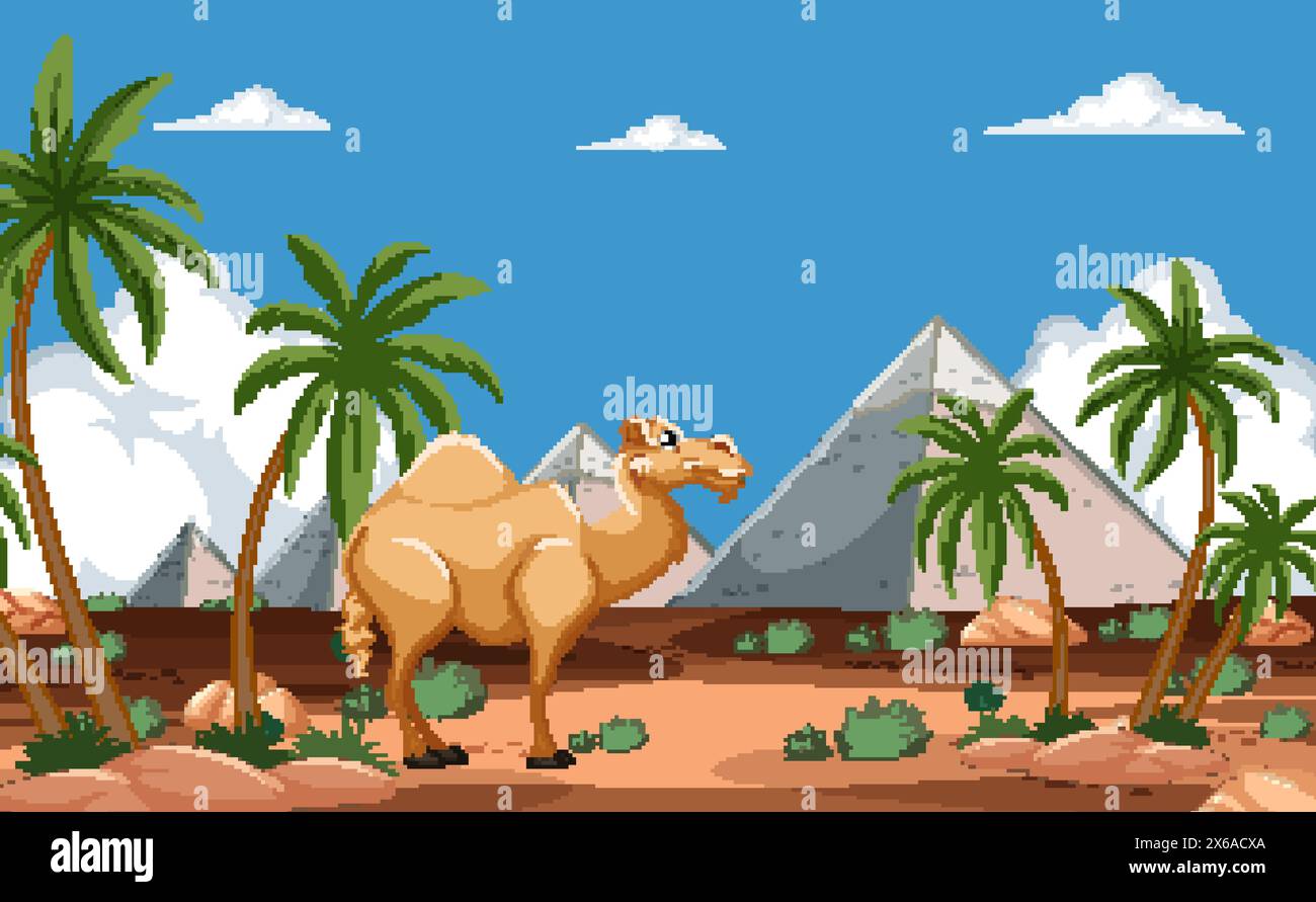 Camel standing in desert with pyramids and palm trees Stock Vector ...