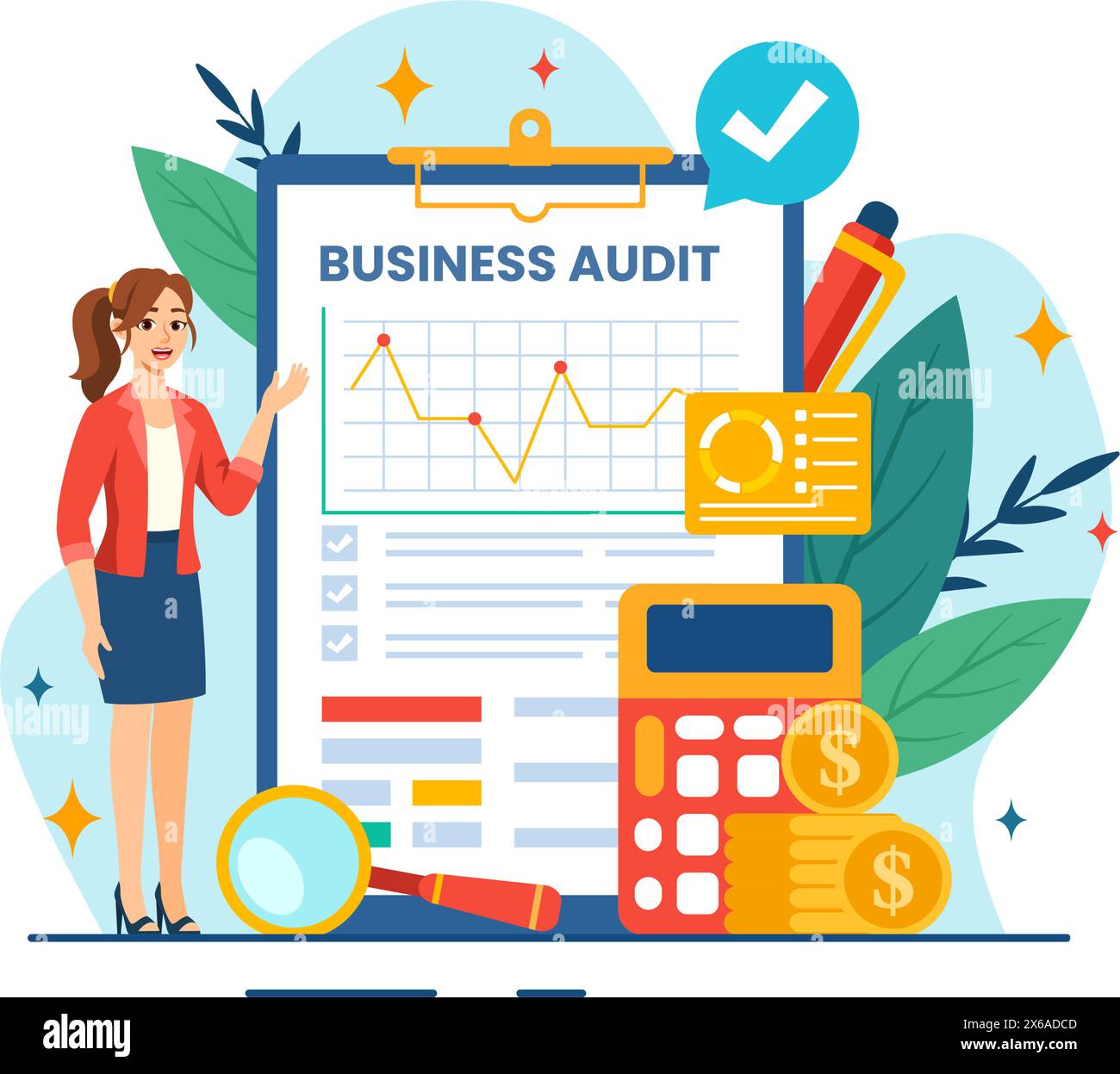 Business Audit Documents Vector Illustration With Charts Accounting Calculations And Financial