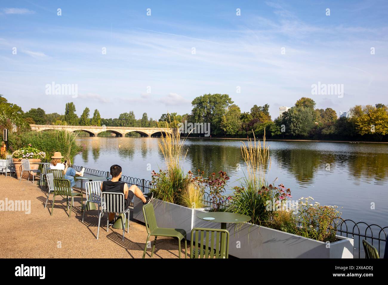 Hyde Park London the Serpentine lido cafe on sunny September morning ...