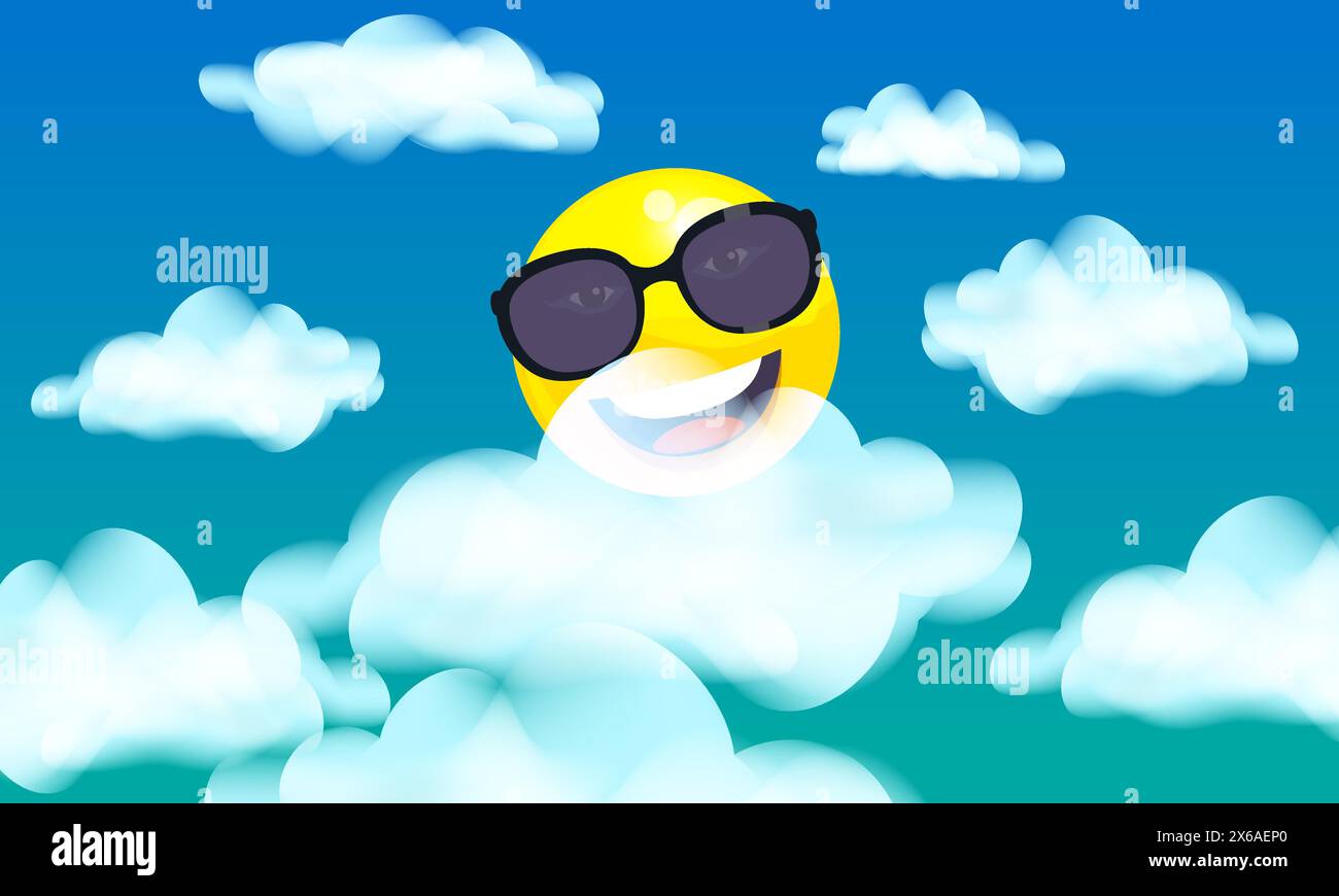 Sun in sunglasses character smiley cartoon, blue sky with clouds Stock ...