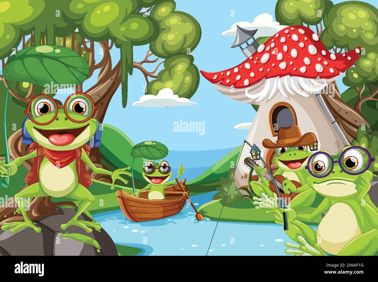 Colorful frogs fishing and relaxing by water Stock Vector Image & Art ...