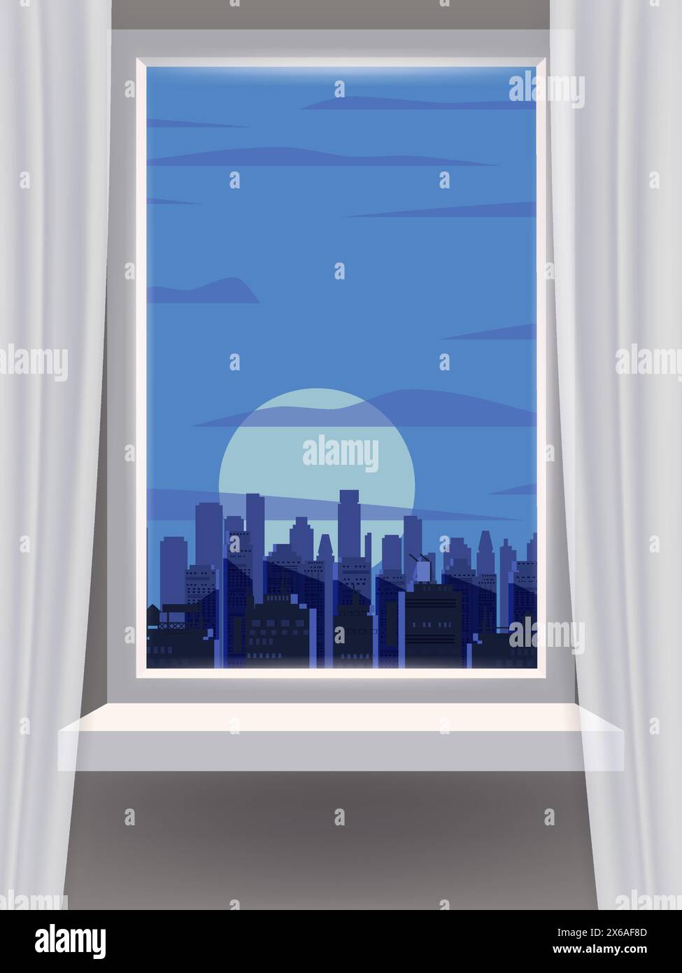 Window view interior, night city, skyscrapers, buildings, moon Stock ...