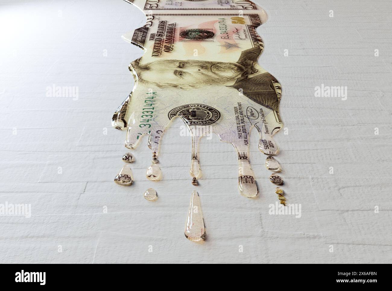A concept image showing a regular US Dollar banknote that is melted and ...