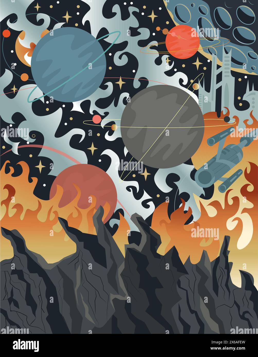 Colorful Retro Sci Fi illustration with space landscape, alien planets ...