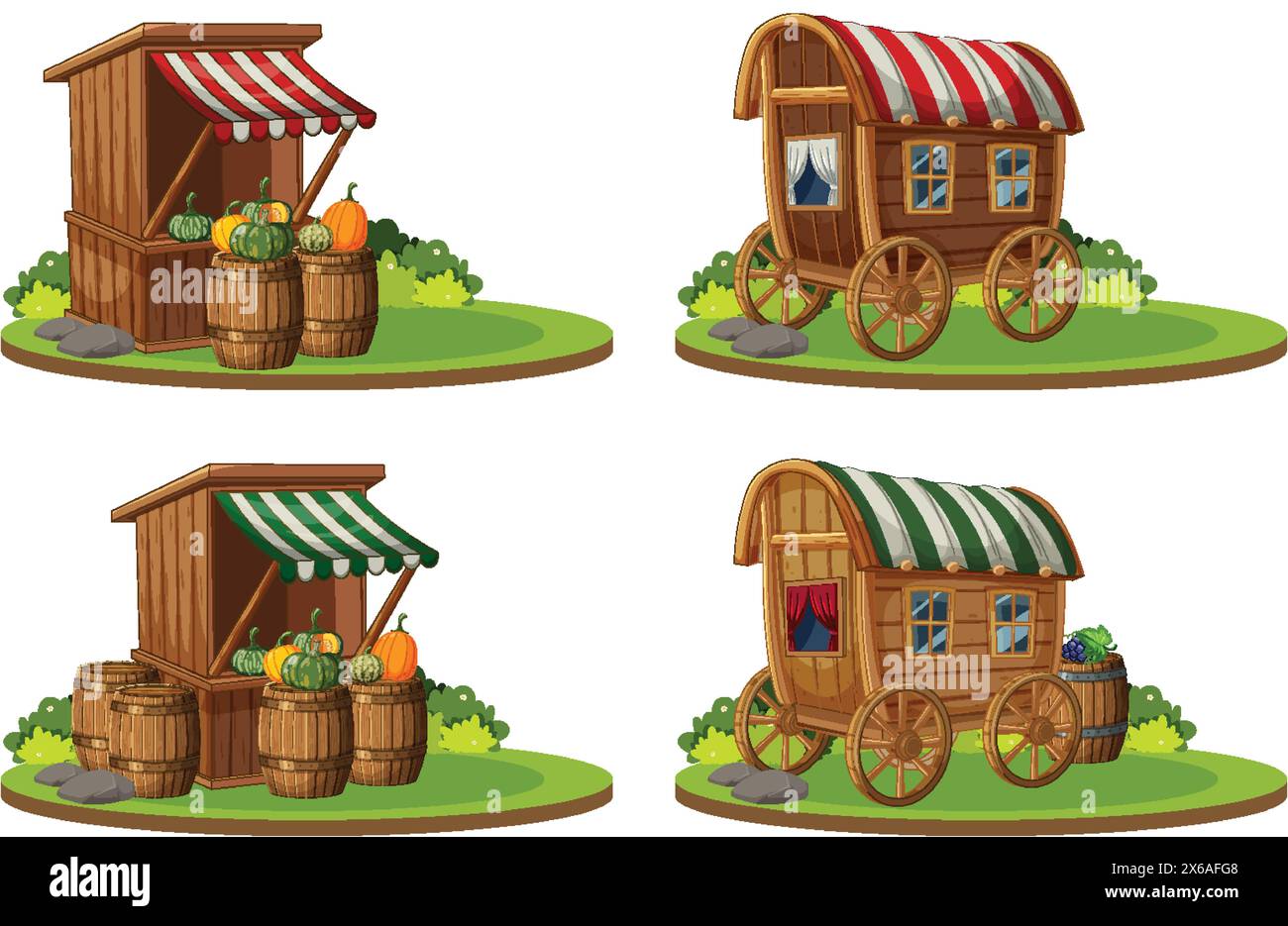 Vector illustrations of market stalls and wagons Stock Vector Image ...