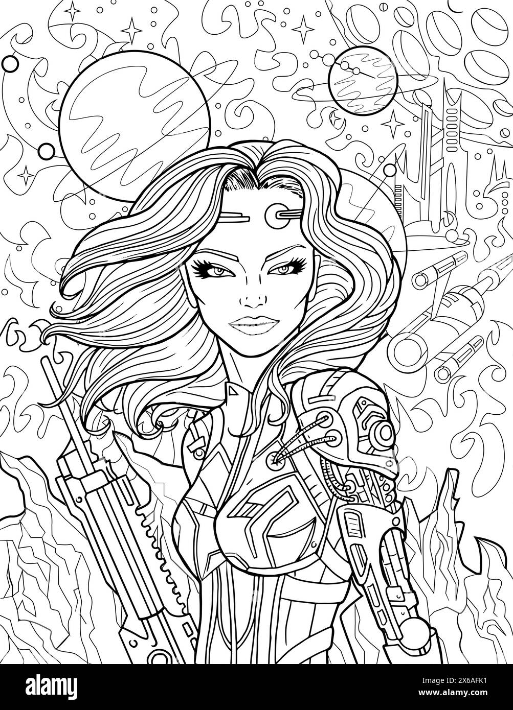 Retro Sci Fi coloring page illustration with beautiful astronaut woman ...