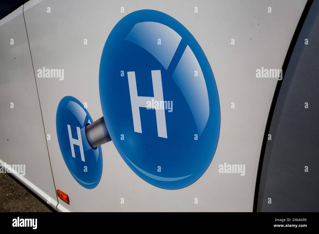 Krakow, Poland. 13th May, 2024. H2 sign is seen on a side of the ...