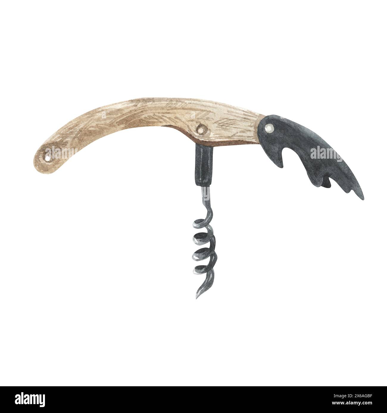 Wine corkscrew watercolor design illustration. Modern fancy tool opener ...