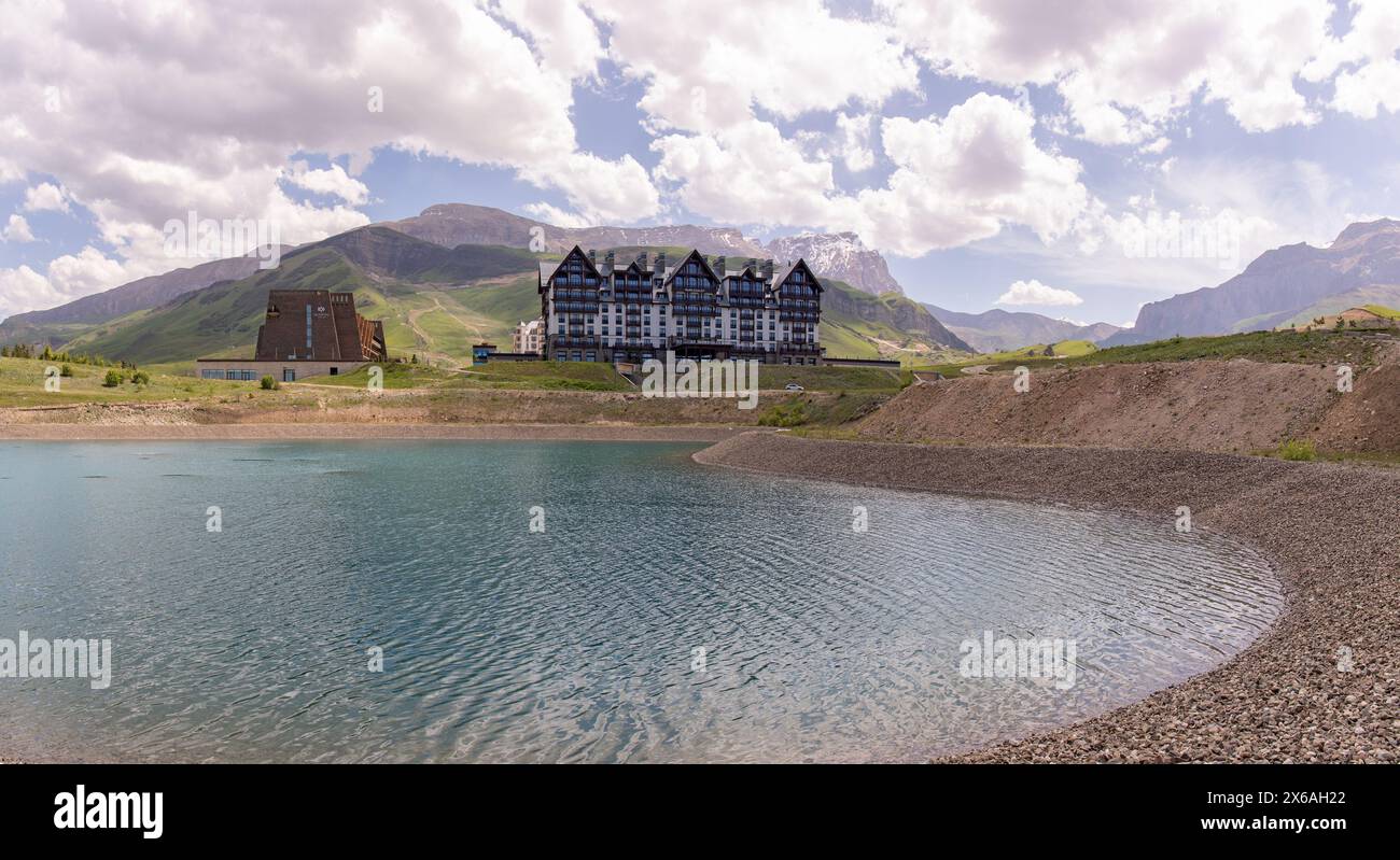 Kusar region. Azerbaijan. 05.17.2021. Winter-summer tourist complex ...