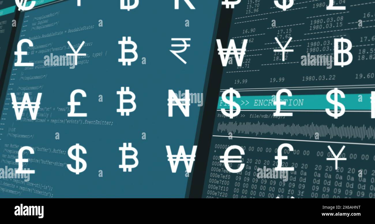 Image of multiple currency symbols moving over data processing against ...