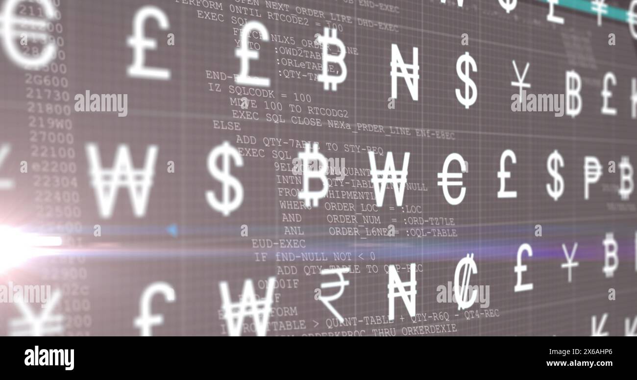 Image of multiple currency symbols over data processing against light ...