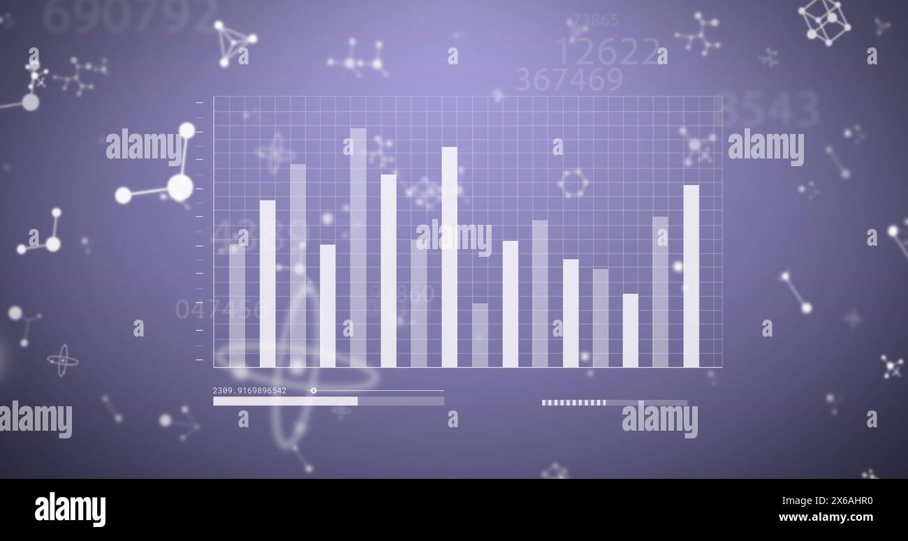 Digital image of changing numbers, data processing and molecular structures on purple background ...