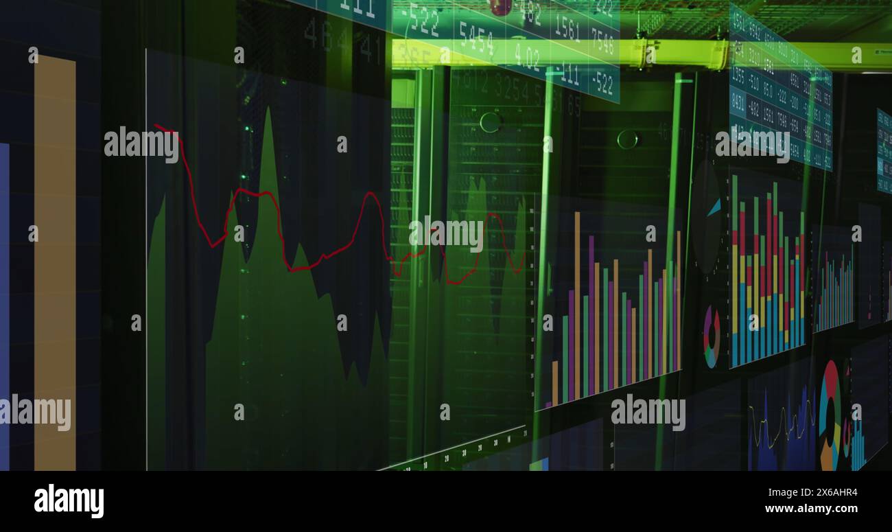 Image of screens with statistical data processing against computer server room Stock Photo - Alamy