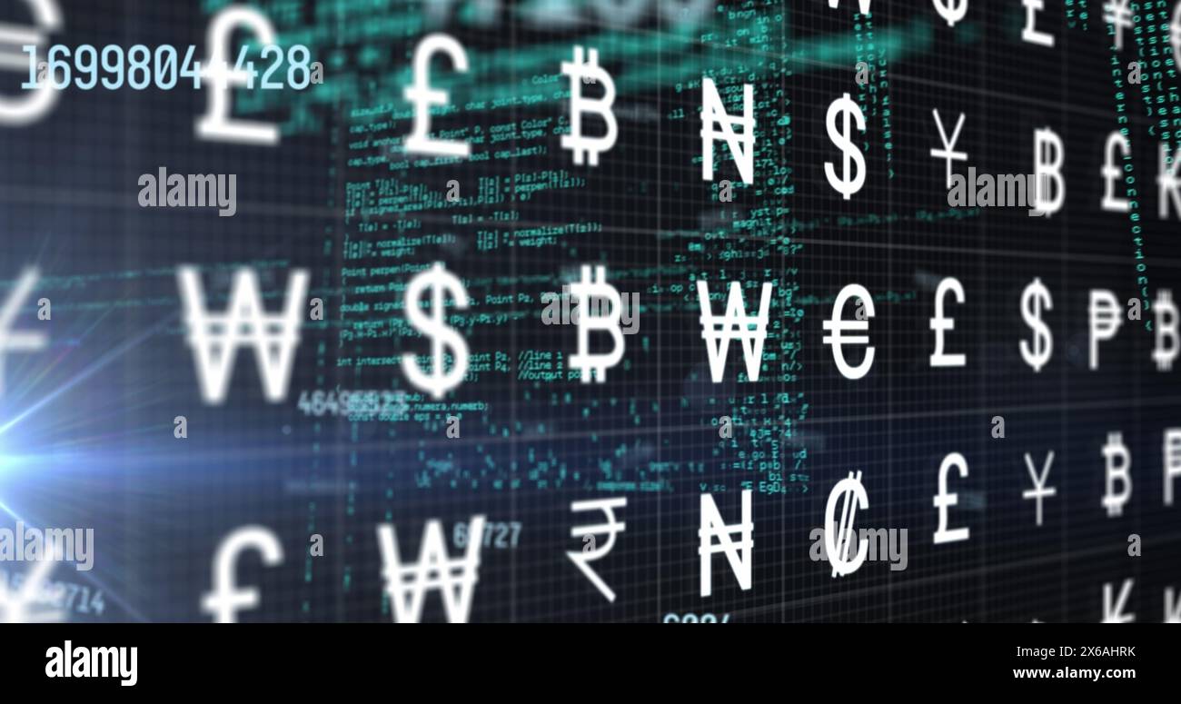 Image of multiple currency symbols over data processing against light ...