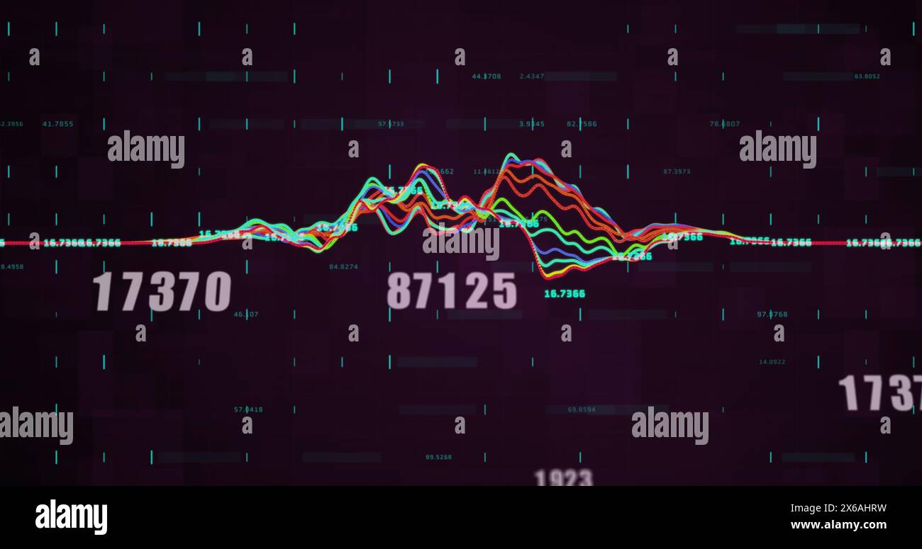 Digital image of multiple changing numbers and data processing against black background Stock ...