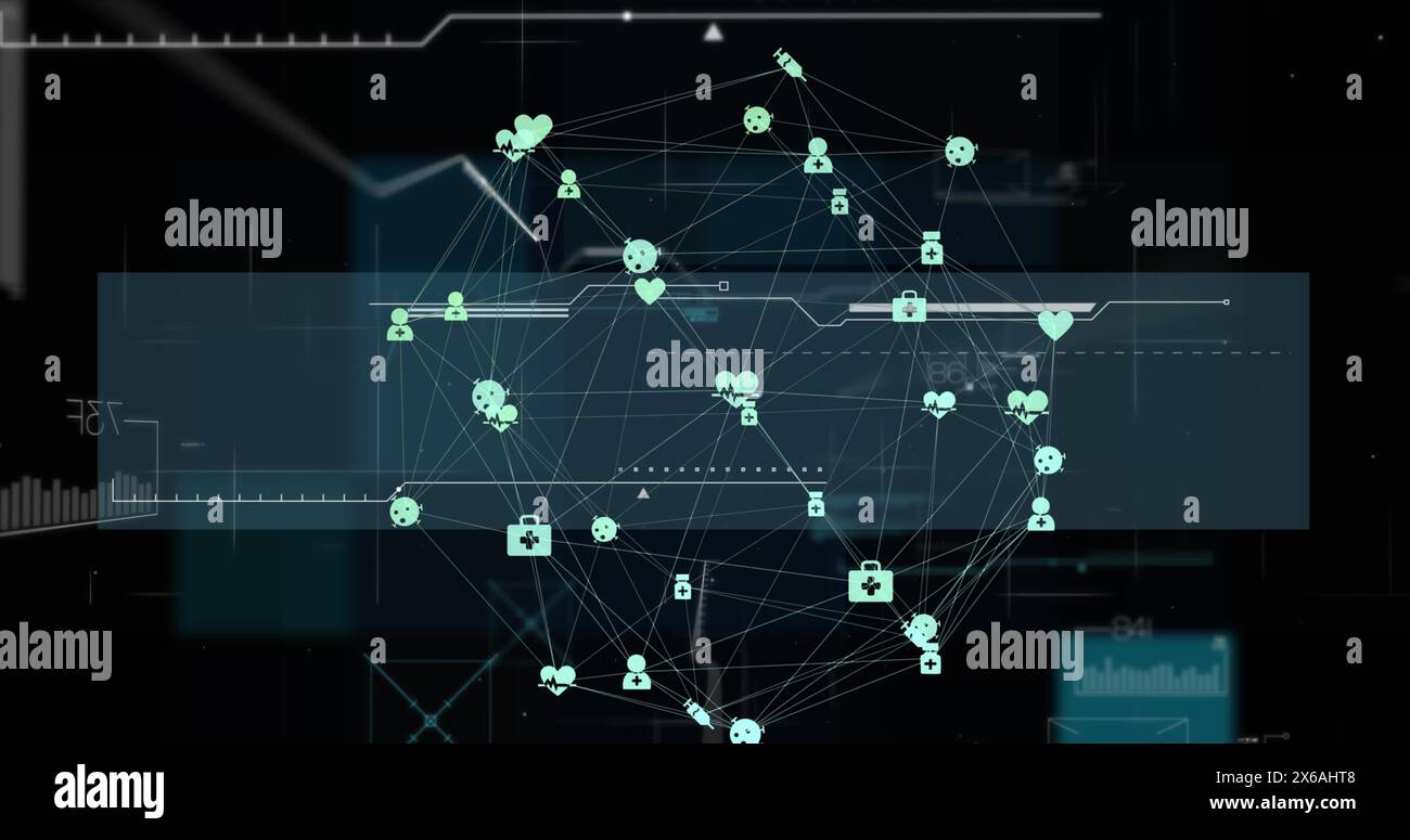 Image of globe of connections with icons and data processing on black background Stock Photo - Alamy
