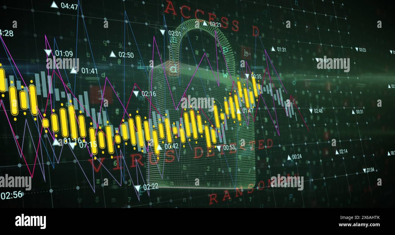 Image of data processing over security padlock icon against green background Stock Photo - Alamy