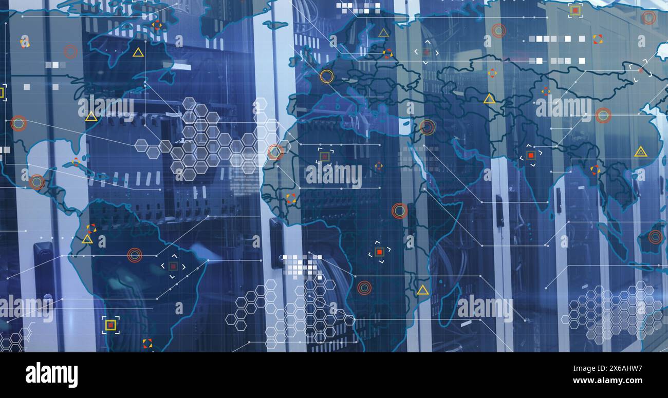 Image of world map with data processing over server room Stock Photo ...