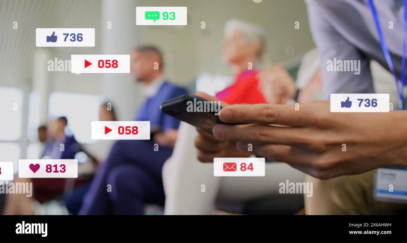 Image of media icons over caucasian businessman using smartphone Stock ...