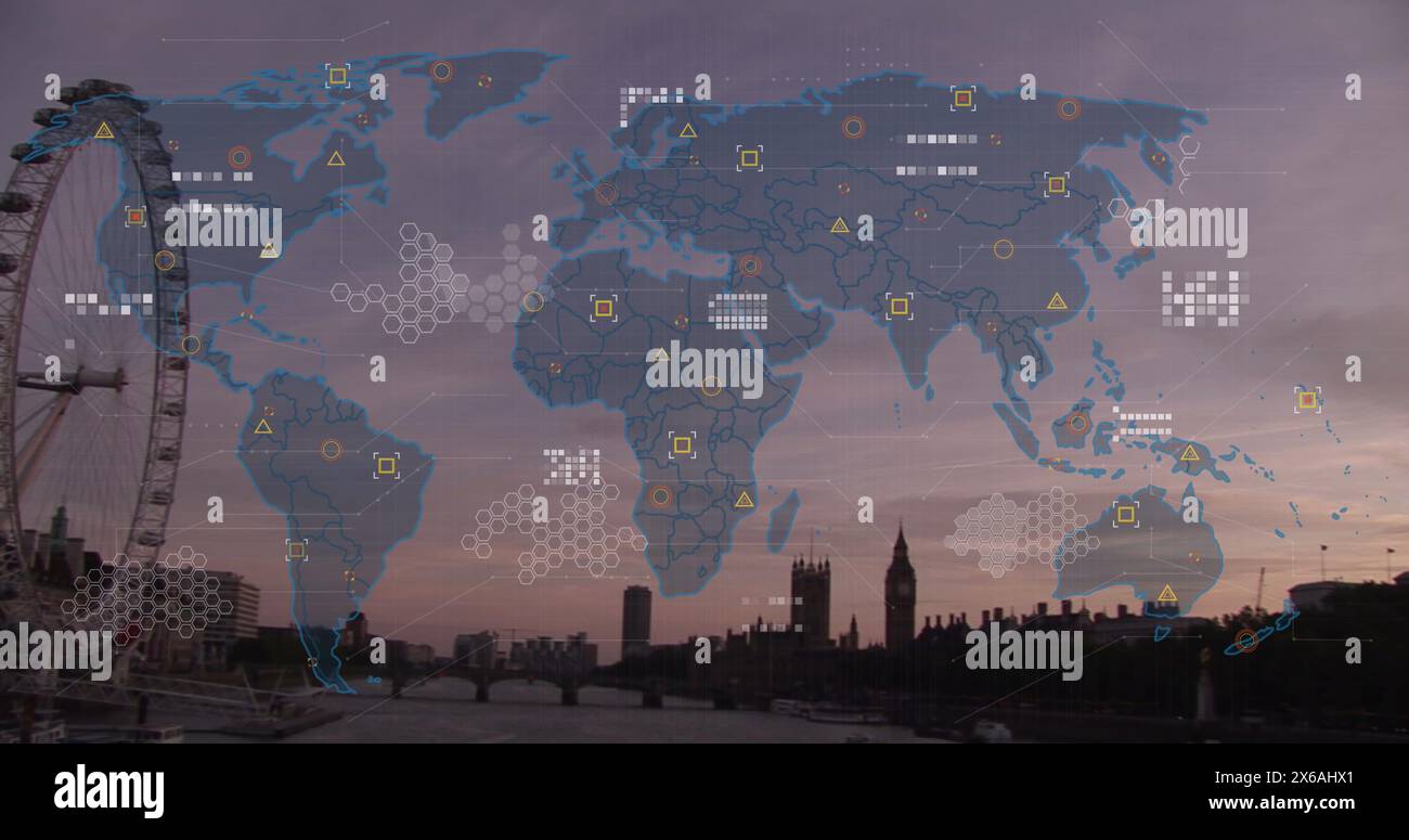 Image of world map and data processing over london cityscape Stock ...