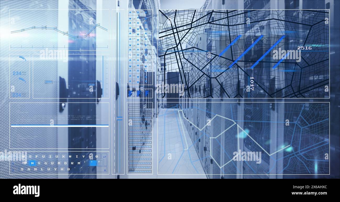 Image of interface with data processing and mosaic squares against computer server room Stock ...