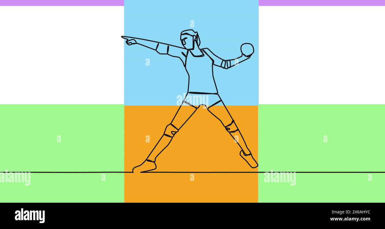 Image of drawing of female handball player throwing ball and shapes on ...