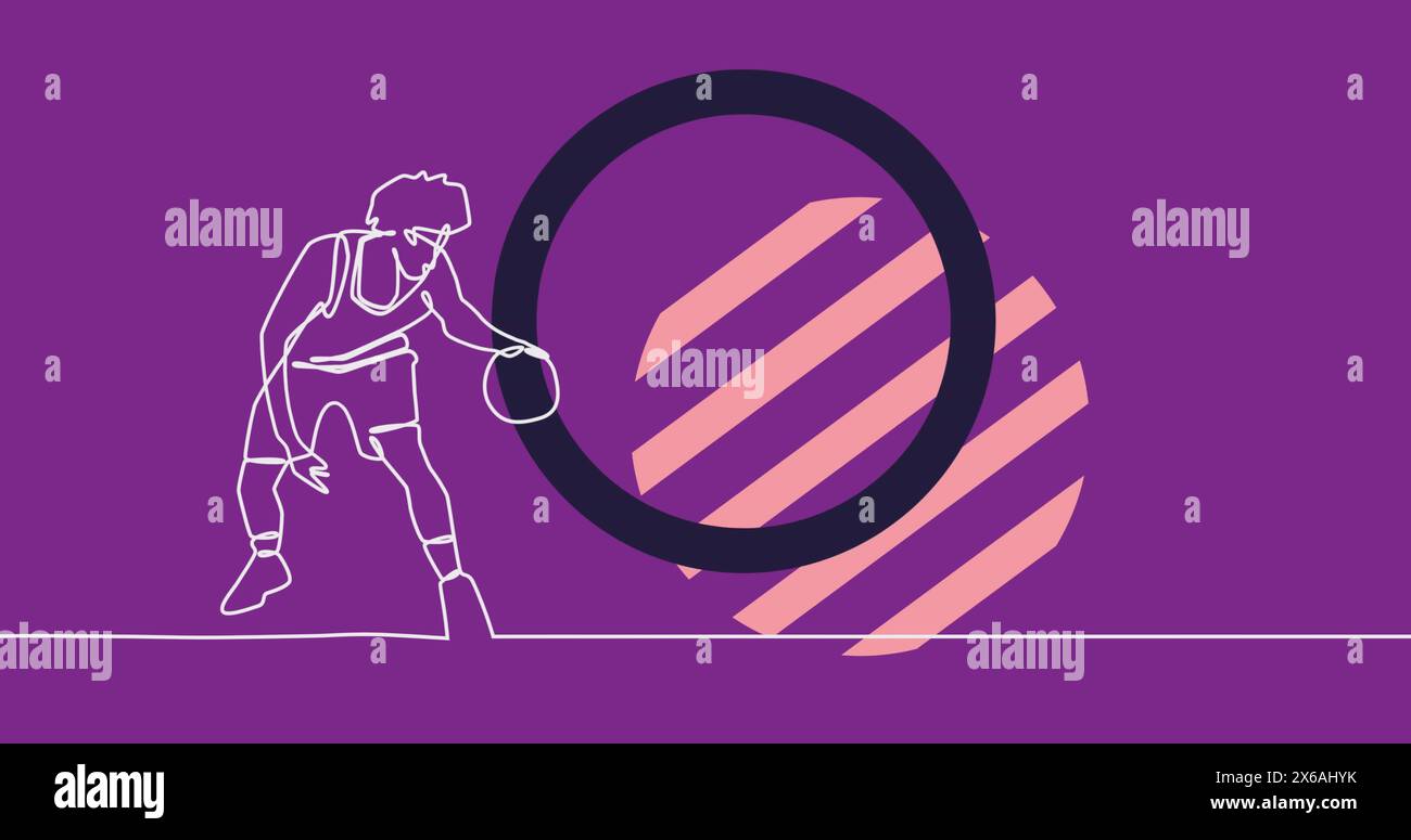 Image of drawing of male basketball player and shapes on purple ...
