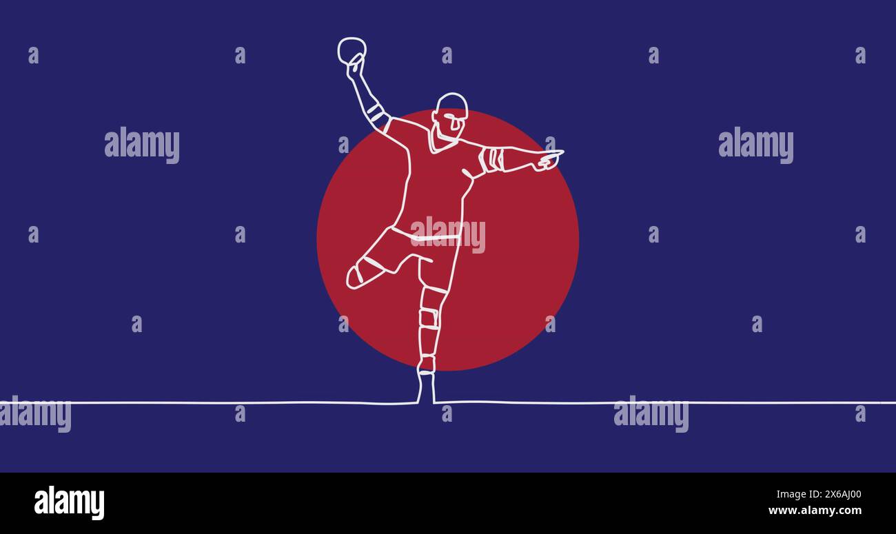 Image of drawing of male handball player throwing ball and red spots on ...