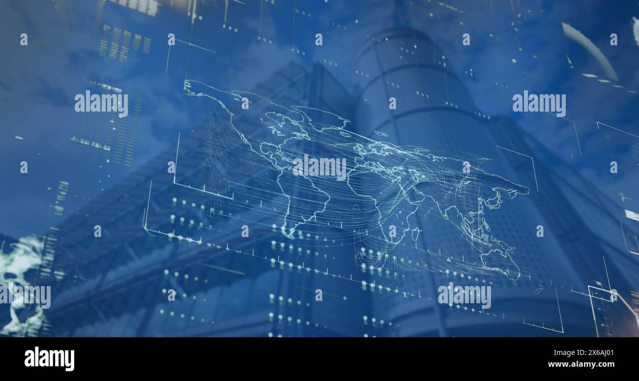 Image of interface with data processing over world map against low ...