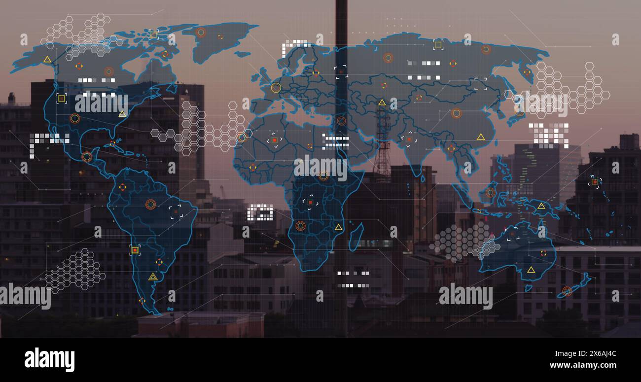 Image of world map and data processing against aerial view of cityscape ...