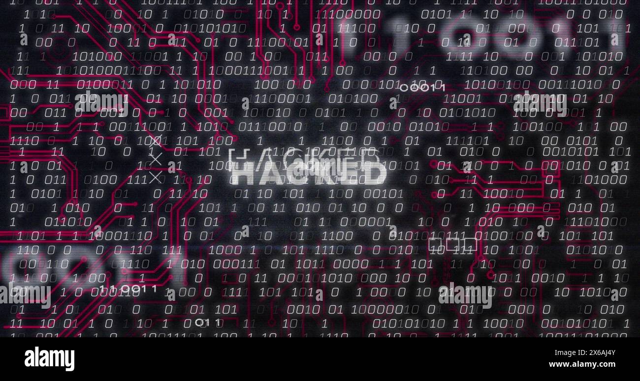 Image Of Hacked Text Binary Coding And Data Processing Over Dark