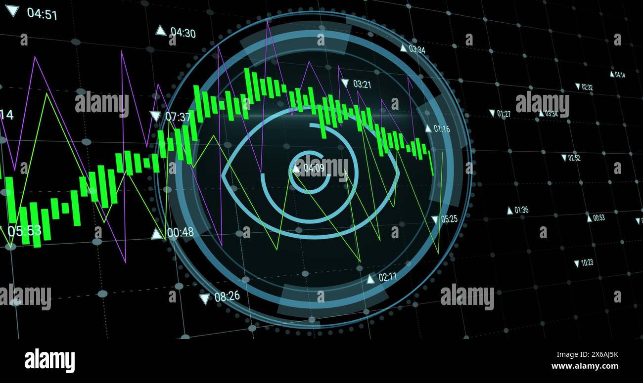 Image of data processing against cyber security text banner and eye retina scanner Stock Photo ...