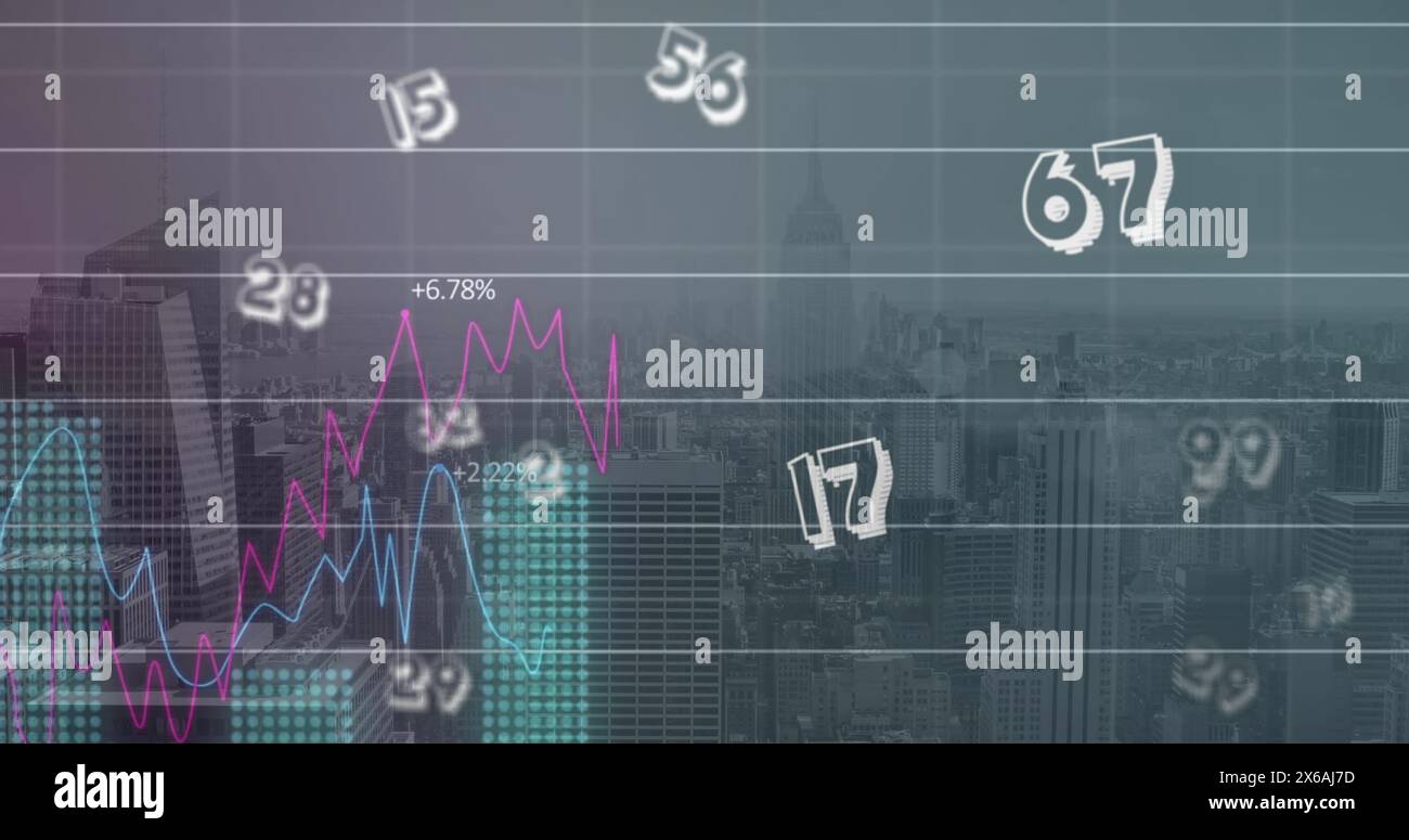 Image of floating numbers and statistical data processing against ...