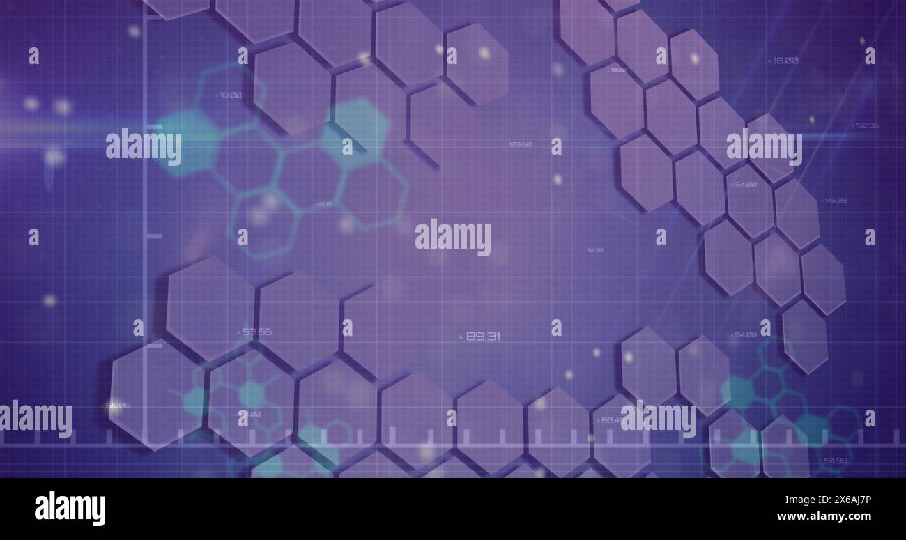 Image of changing profile icons and data processing against hexagonal shapes on blue background ...