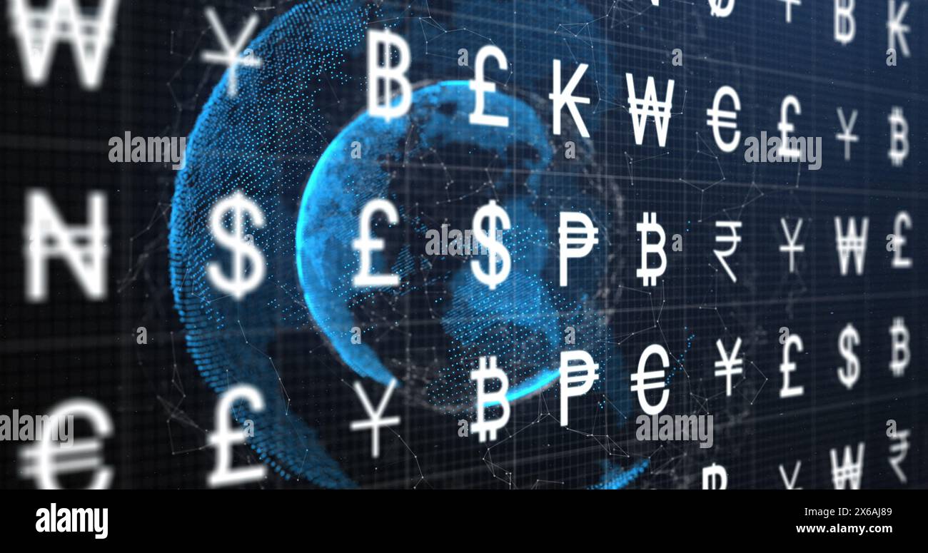 Image of currency symbols and data processing over spinning globe and ...