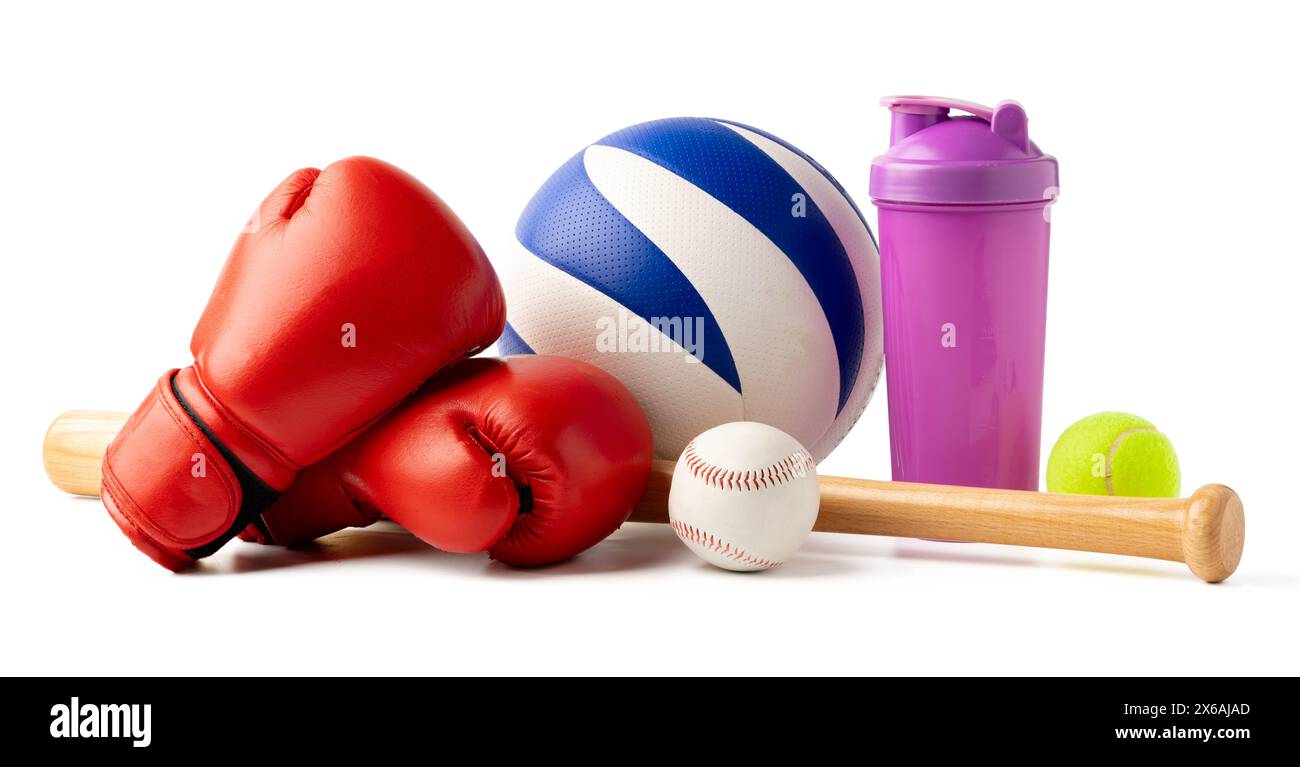 Assorted sports equipment isolated on white background Stock Photo - Alamy