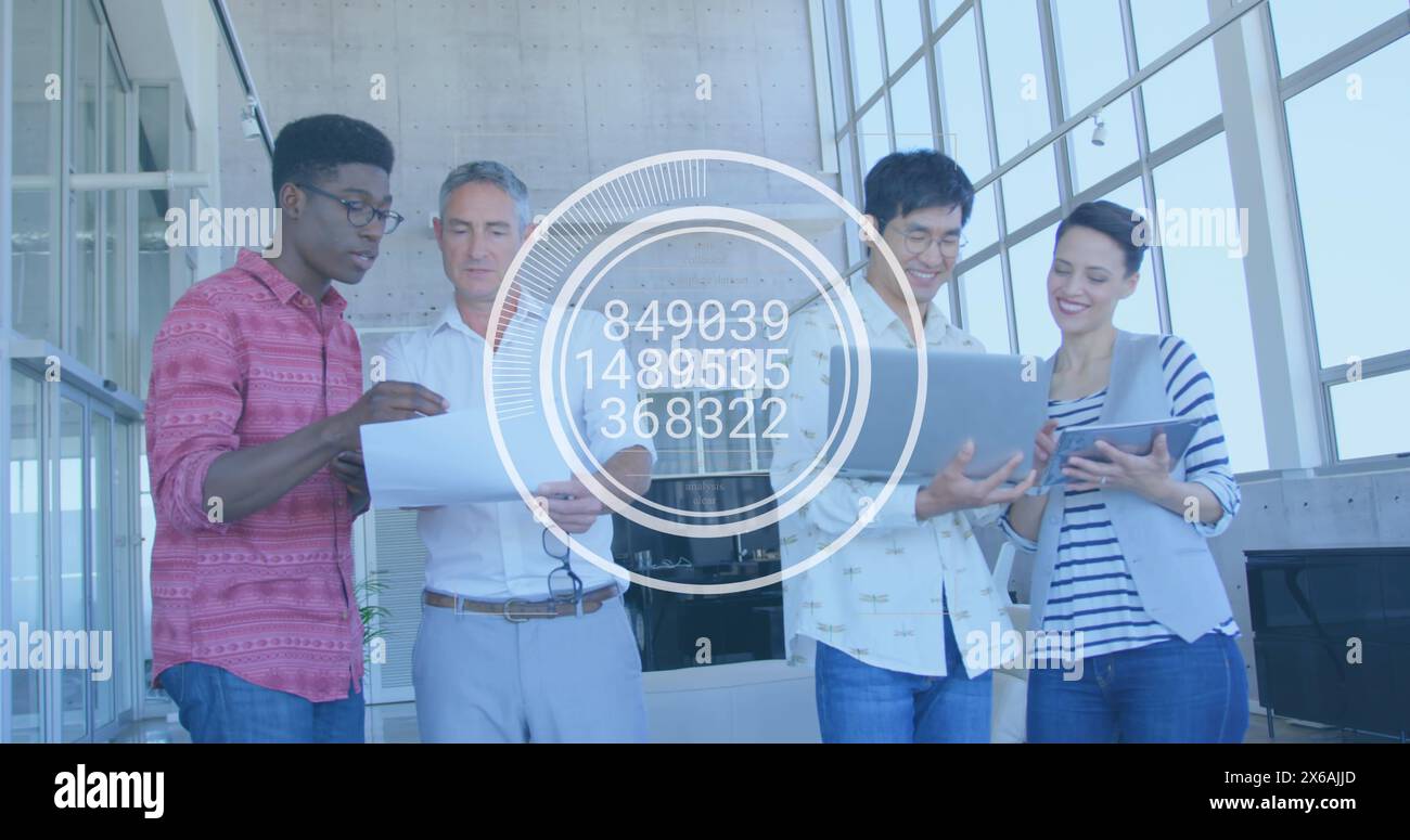 Image of changing numbers over round scanner against diverse colleagues discussing at office ...