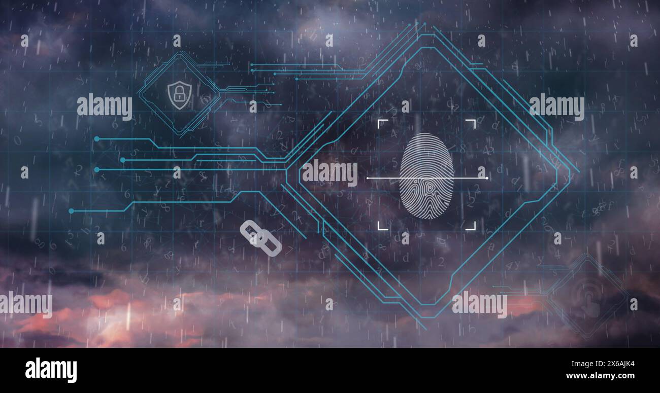 Image of rain falling over interface with biometric fingerprint scanner ...