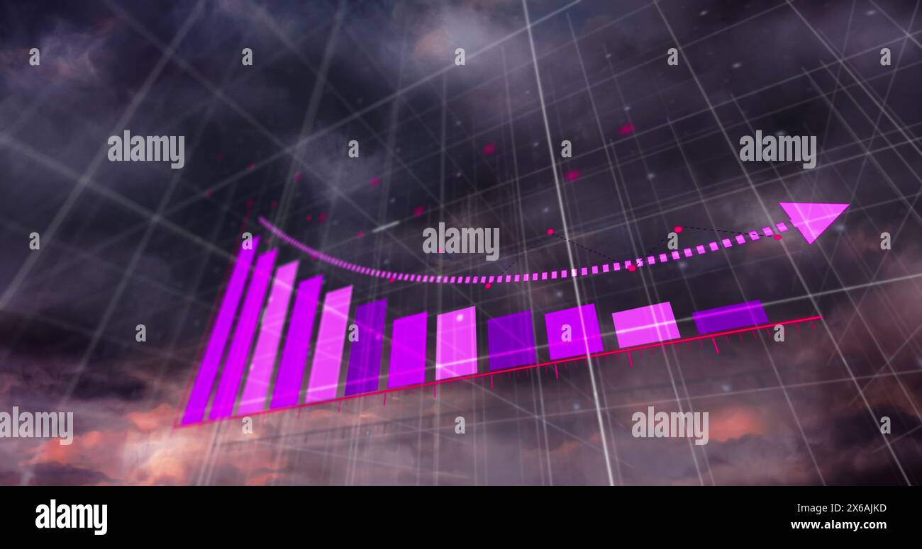 Image of statistical data processing over grid network against thunder and dark clouds Stock ...