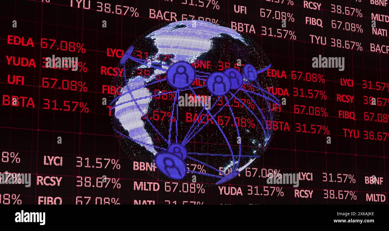 Image of connected icons around globe over trading board against black ...