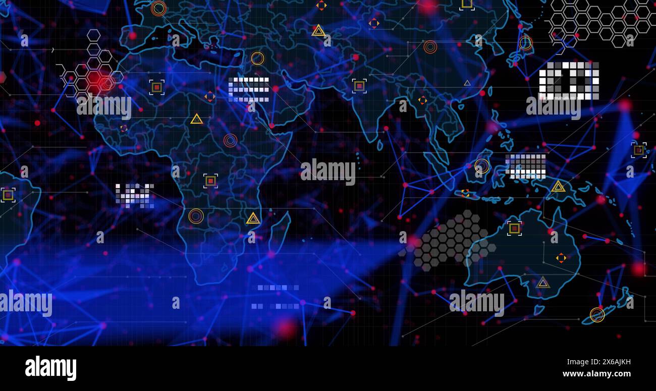 Image of plexus networks and data processing over world map against black background Stock Photo ...