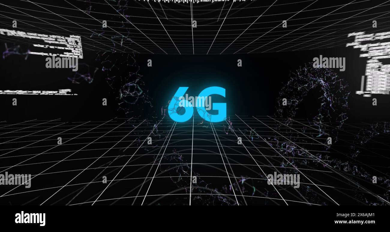 Image of scope scanning, 6g text, network of connections and data processing Stock Photo - Alamy